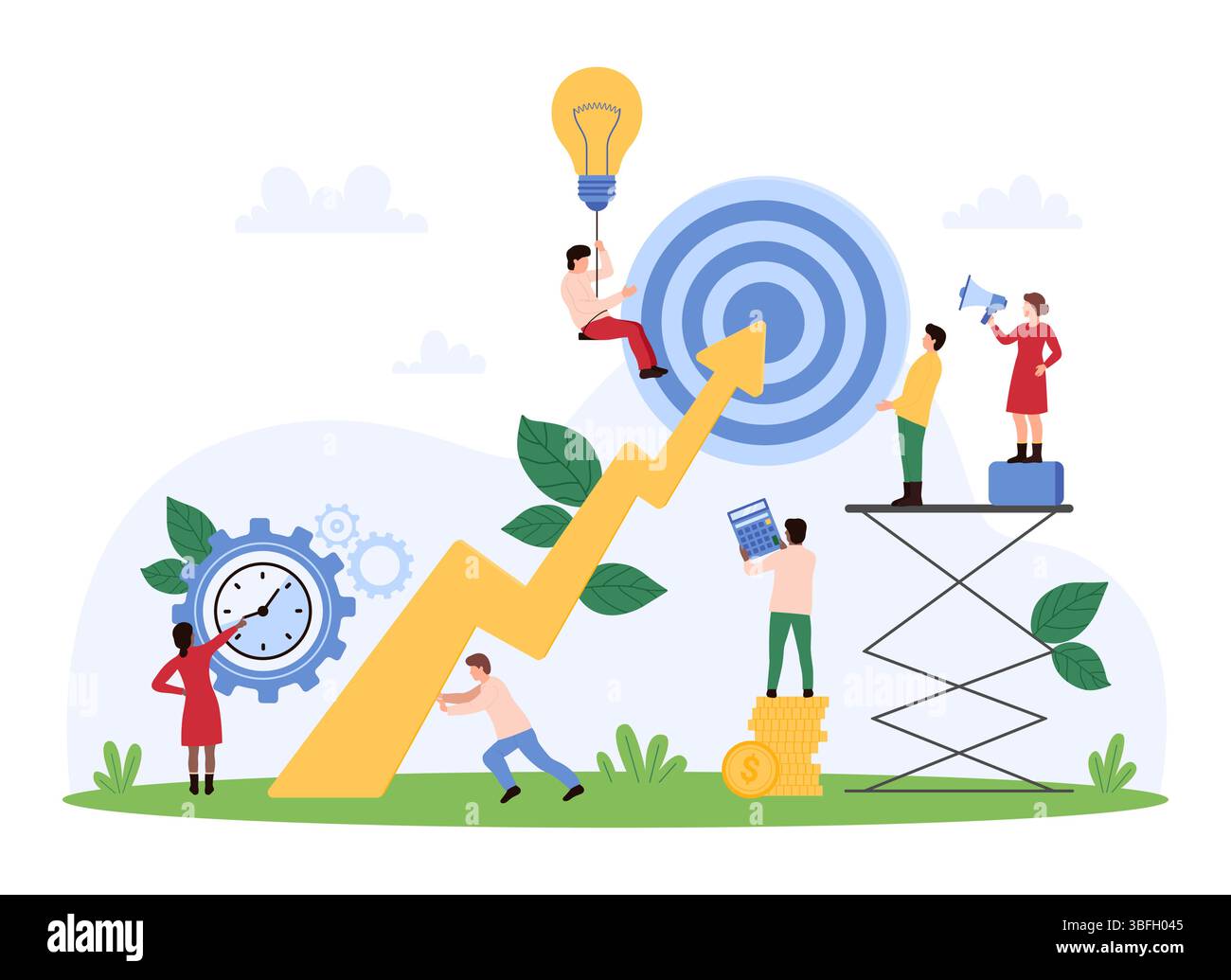Vector illustration of tiny people working together to reach business ...