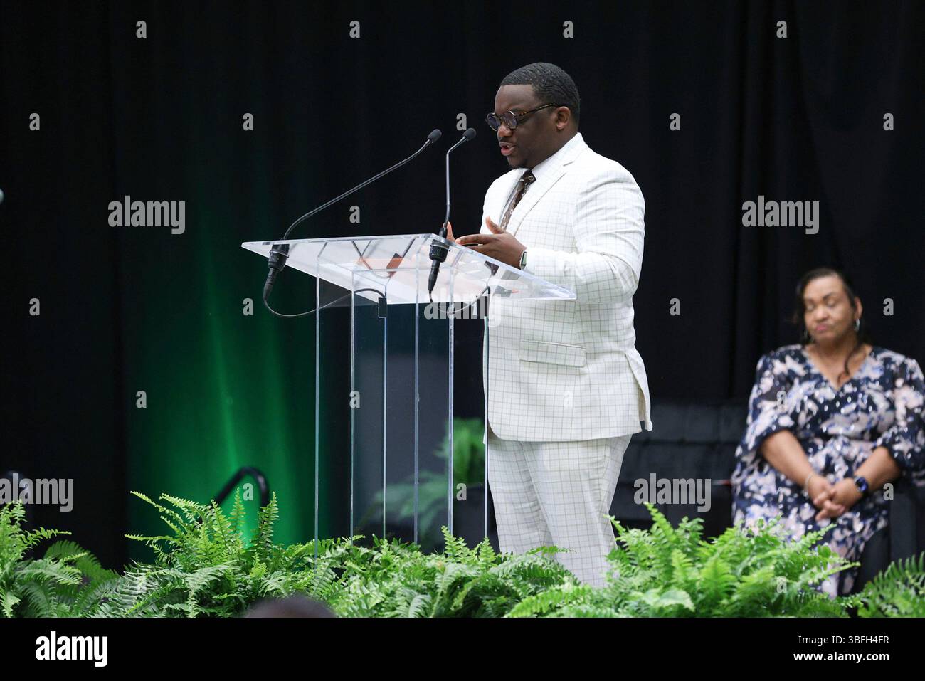 Pastor Jamal Dyer speaks during the Legacy event for the Tulsa Race ...