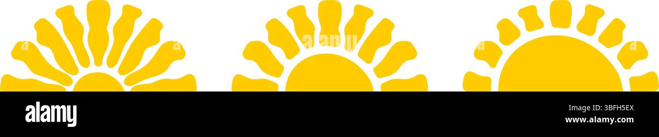 Cute silhouettes of half suns. Wavy yellow sunny rays in semicircle ...