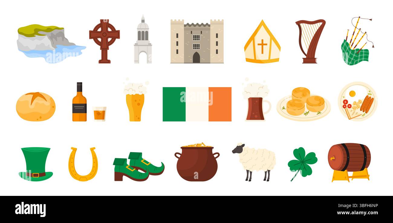 Travel to Ireland set, culture elements and landmarks, food and beer ...