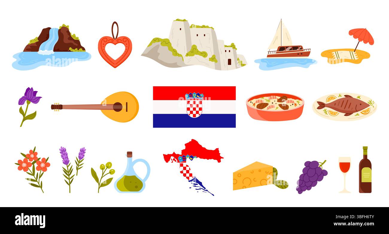 Travel to Croatia set, culture elements and Croatian architecture and ...