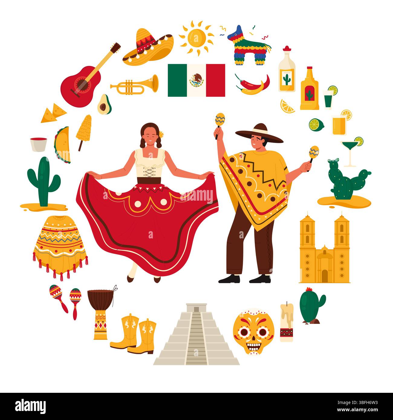 Mexico culture elements and landmark, dance of Mexican woman and man ...