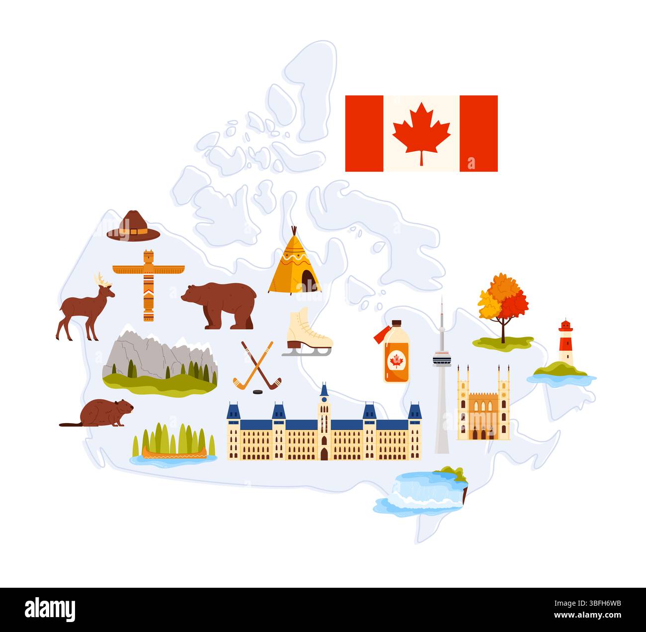 Welcome to Canada, banner design with culture elements, landscape ...