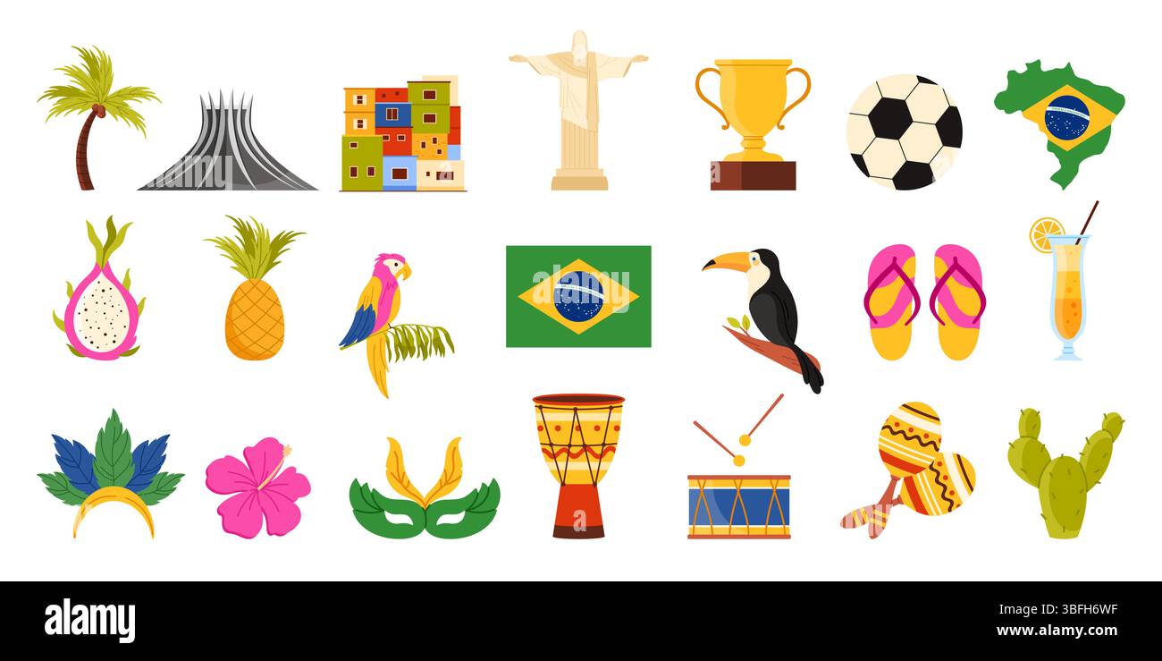 Travel to Brazil set, Brazilian culture elements and landmarks, beach ...