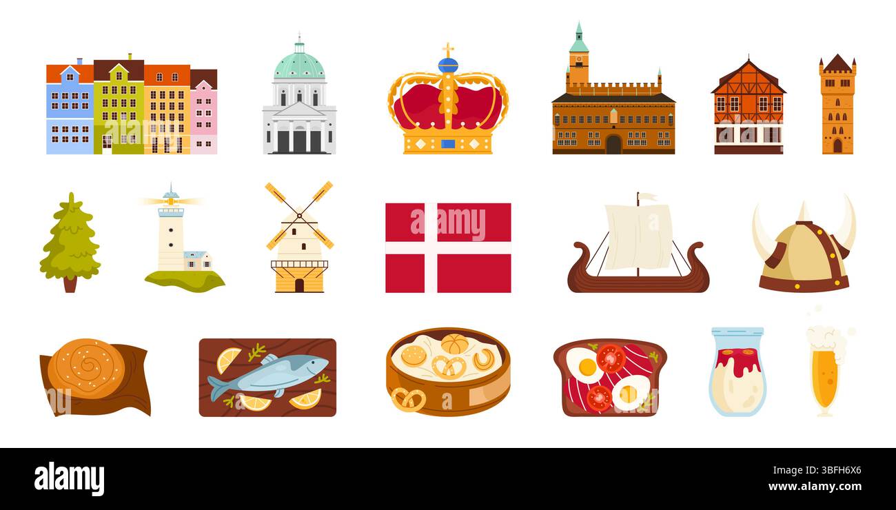Travel to Denmark set, culture elements and architecture, national flag ...