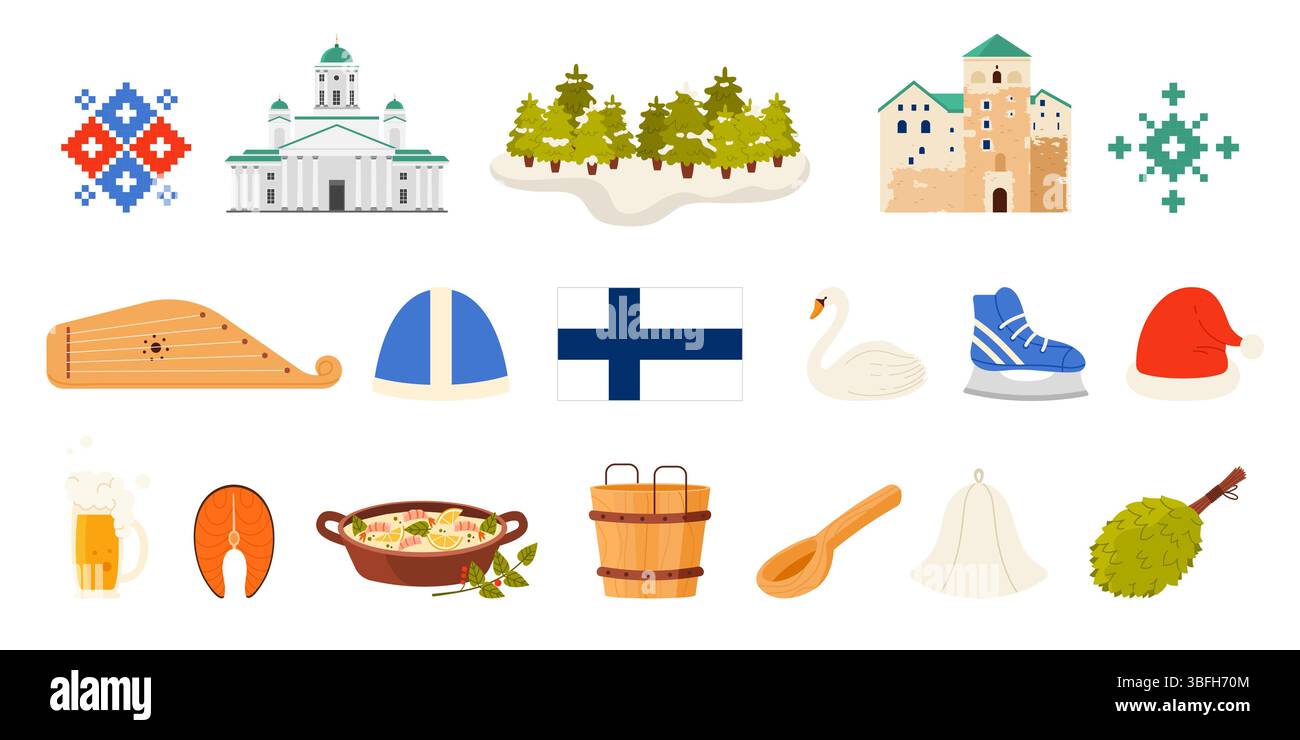 Travel to Finland set, culture elements and landmarks, food and ethnic ...