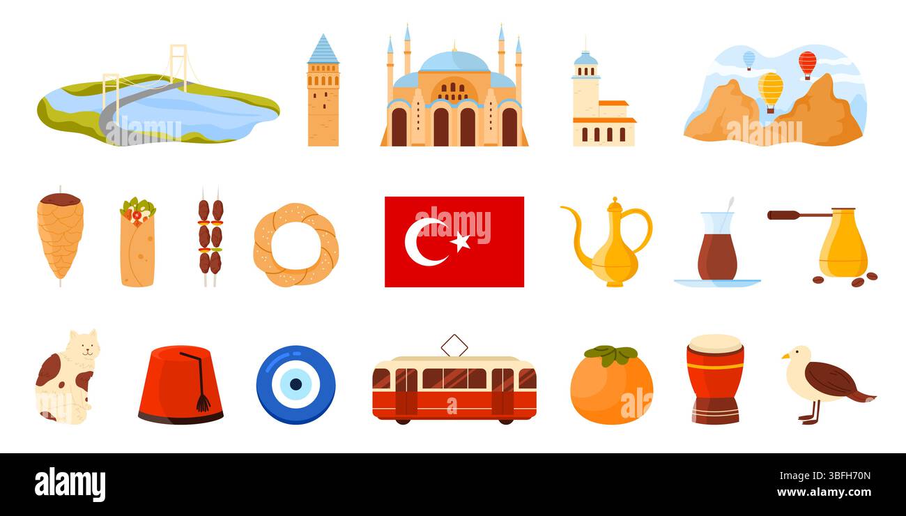 Travel to Turkey set, Turkish culture elements and food, flag, nature ...
