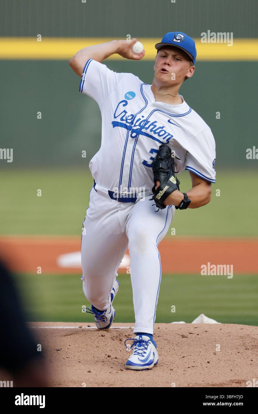 FAYETTEVILLE, AR - MAY 31: Creighton Blue Jays pitcher Wilson Magers (33) delivers a pitch ...