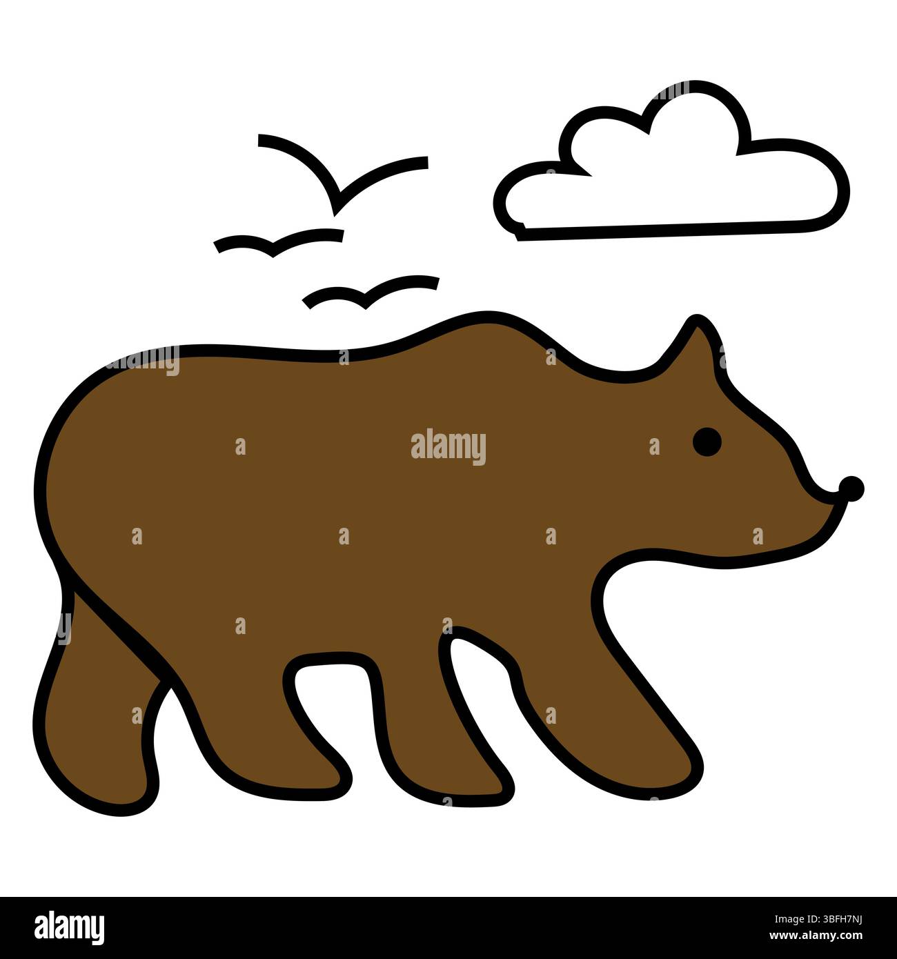Bear walking illustration. Brown bear vector. Flying birds detail ...