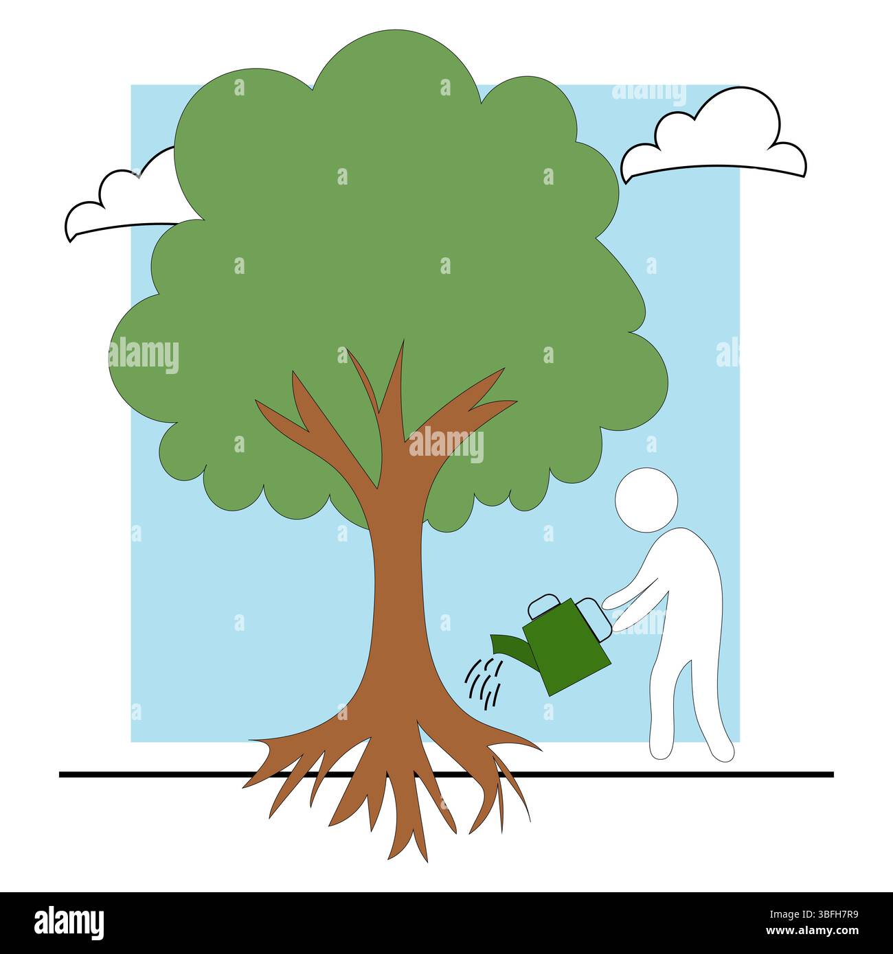 Tree watering illustration. Green foliage vector. Human care symbol ...