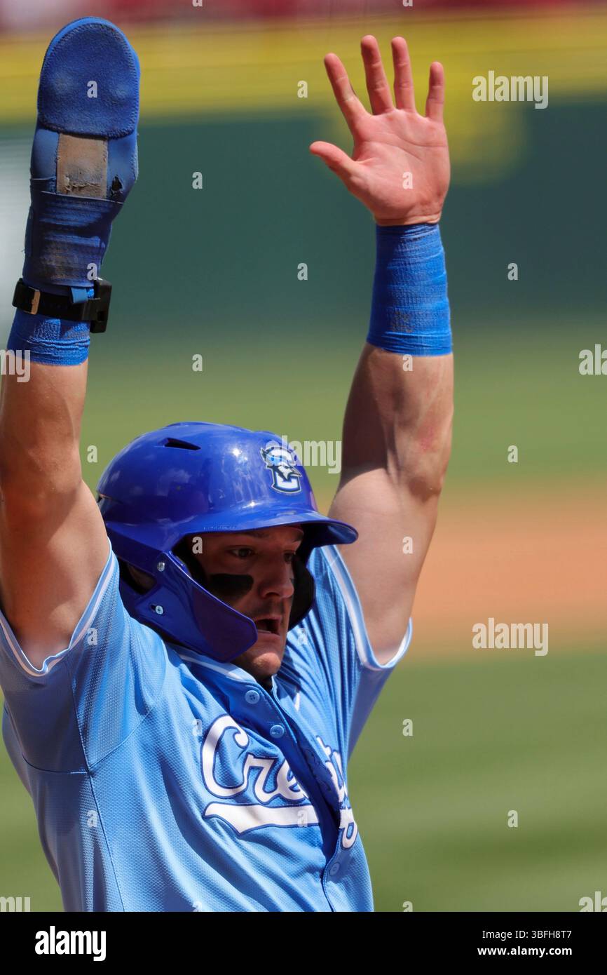 June 1, 2025: Creighton base runner Will MacLean (17) raises his hands ...