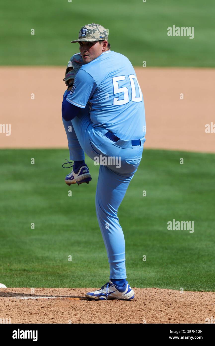 June 1, 2025: Creighton pitcher Matthew Aukerman (50) begins his windup ...