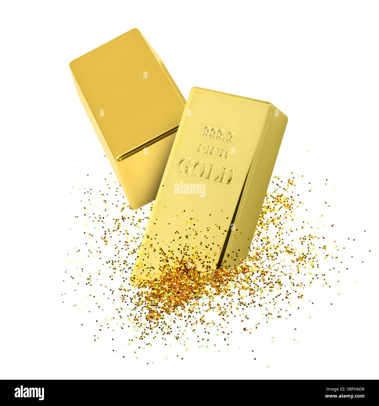 Gold bars and dust in air on white background Stock Photo - Alamy
