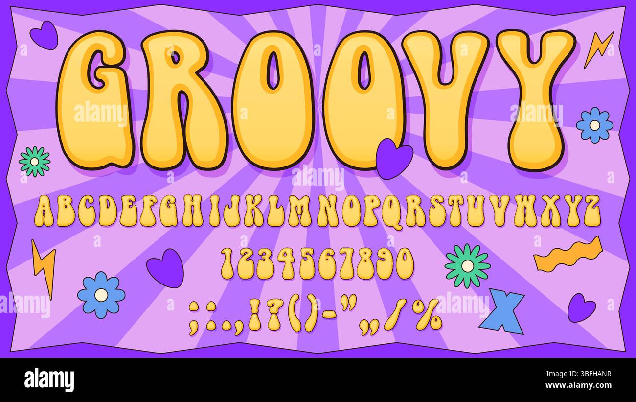 70s groove font, 60s groovy type, hippie typeface. Retro funky alphabet ...