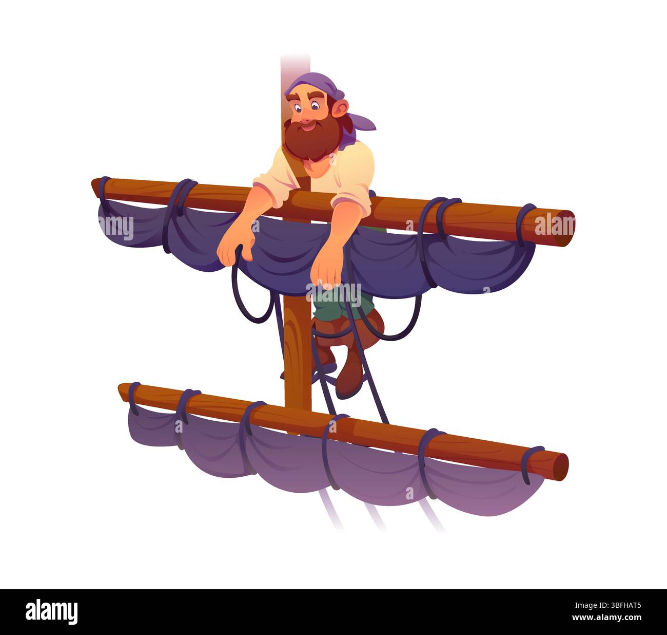 Pirate ship crew cartoon corsair character climbing ship mast rigging ...