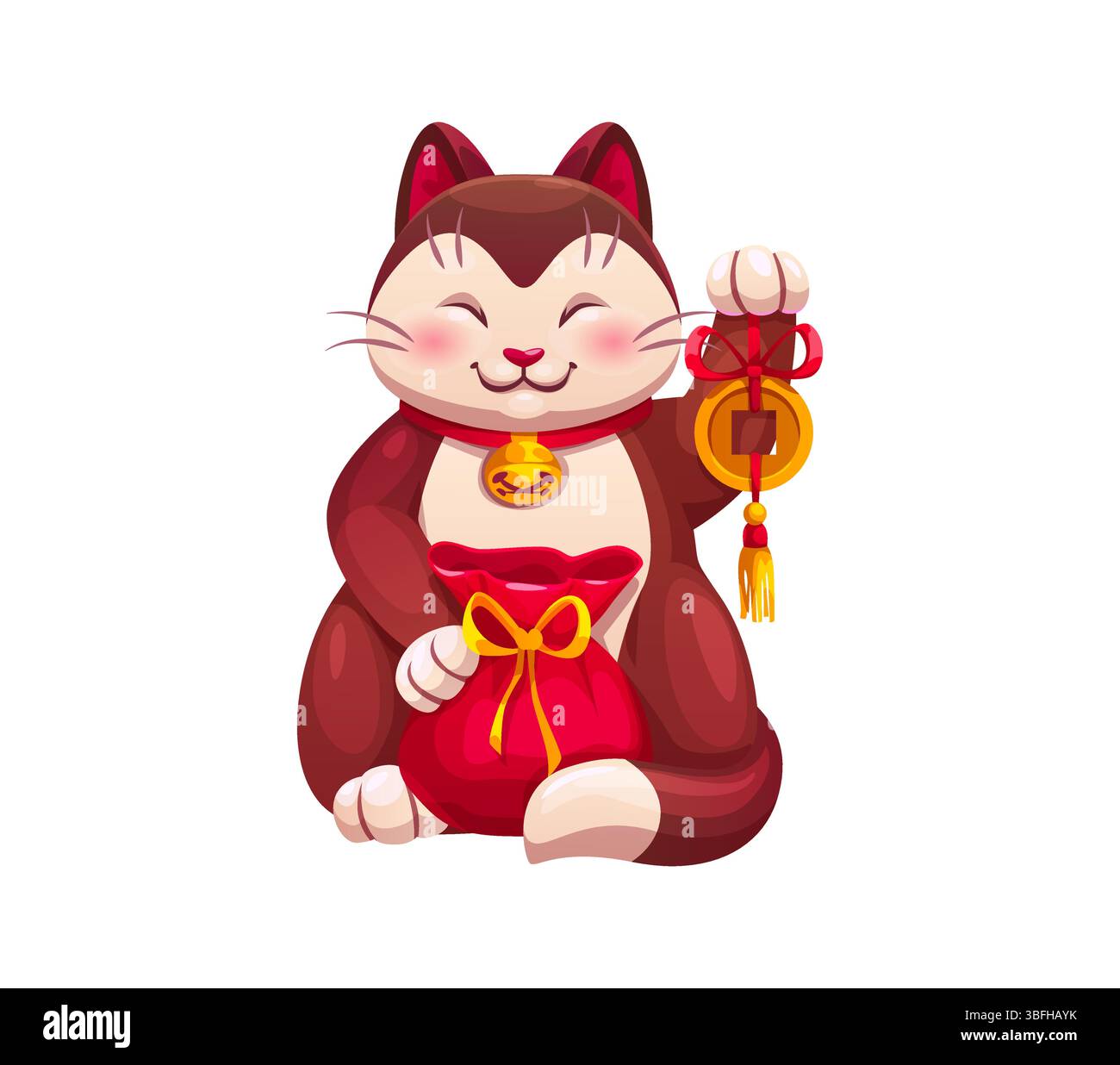 Cartoon Japanese Maneki neko cat with lucky charm. Japan culture ...