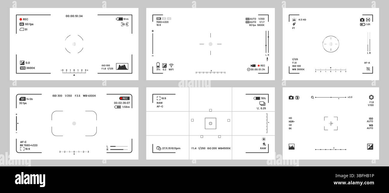 Photo or video camera viewfinder screen, display frames with focus and ...