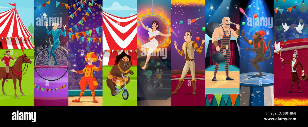 Cartoon circus performer characters collage. Animal tamer, aerial and ...