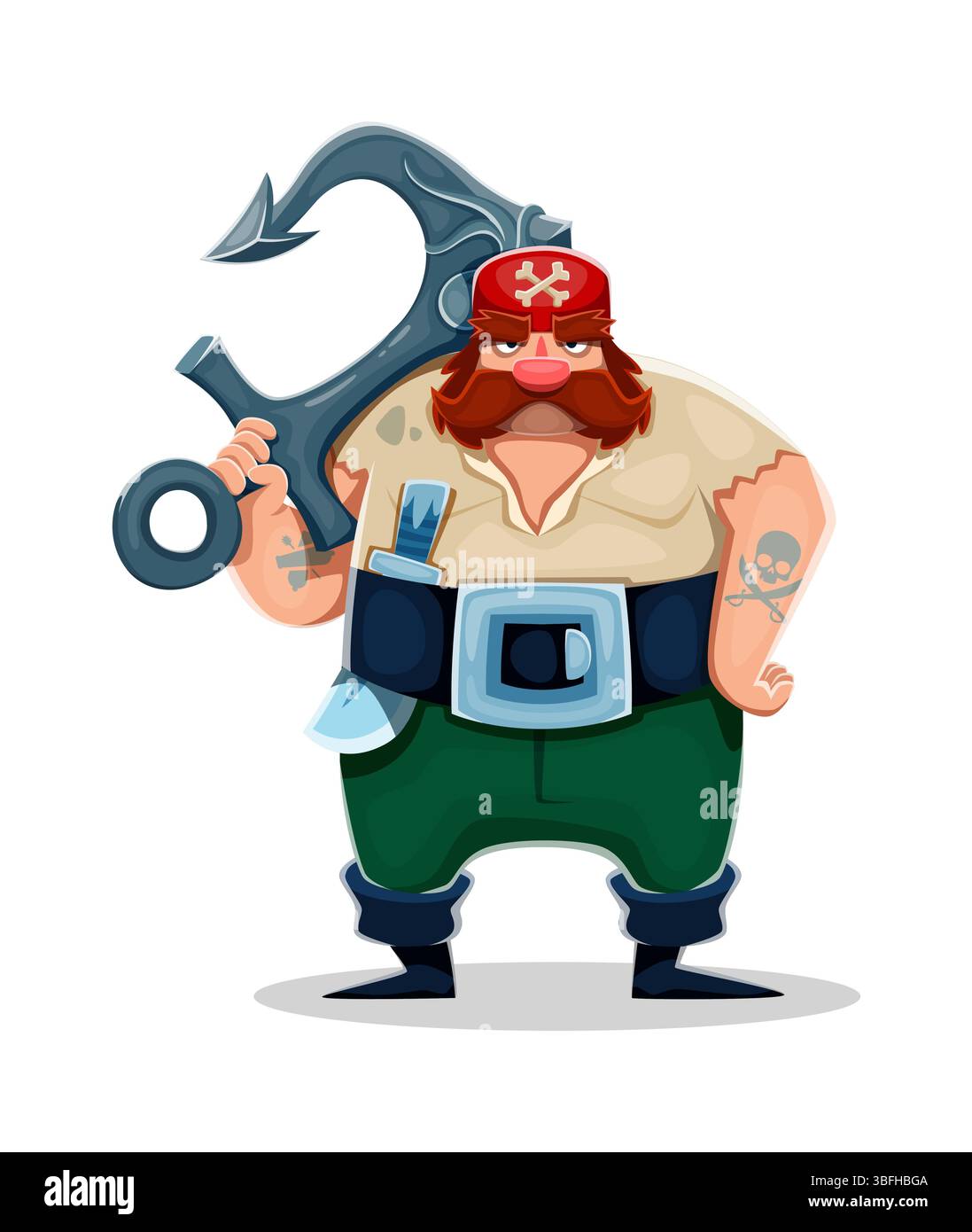 Cartoon pirate and corsair character with big anchor and red bandana. Vector male sailor ...