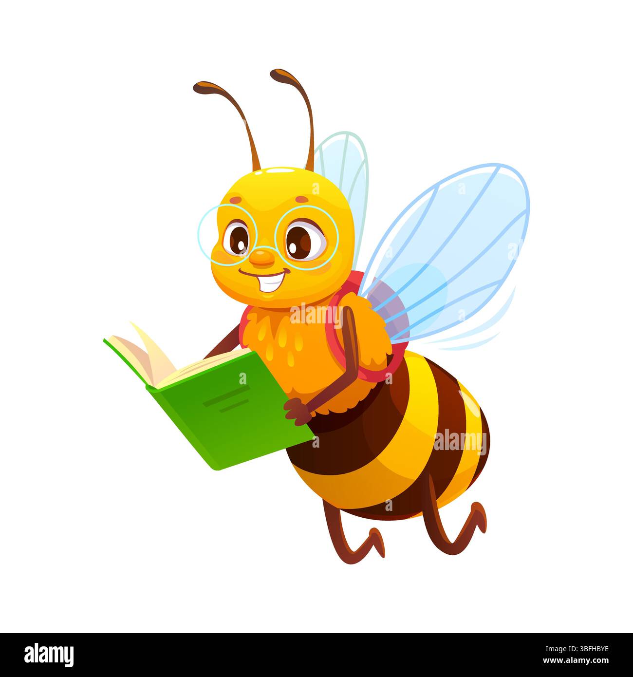 Cartoon honey bee character flying, reading book with cheerful ...