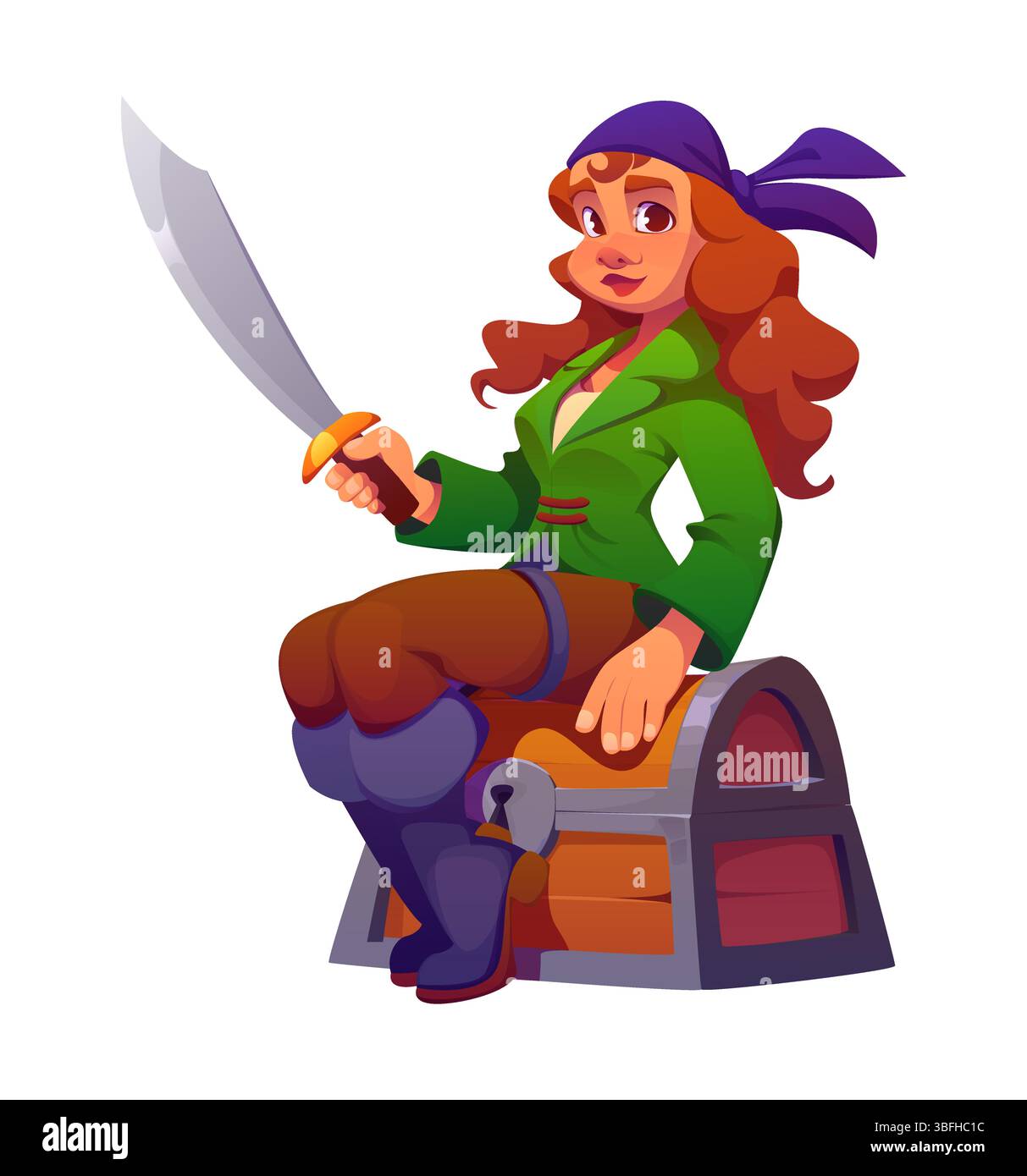 Cartoon woman pirate, sailor and skipper character, boatswain and captain. Fierce corsair or ...