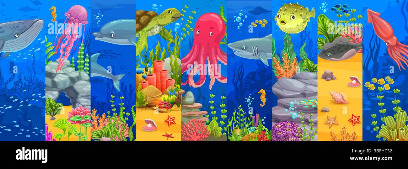 Cartoon sea underwater animals collage. Ocean underwater animals and ...