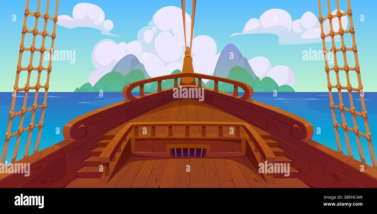 Pirate ship deck interior, sails board view with shrouds and rope ...