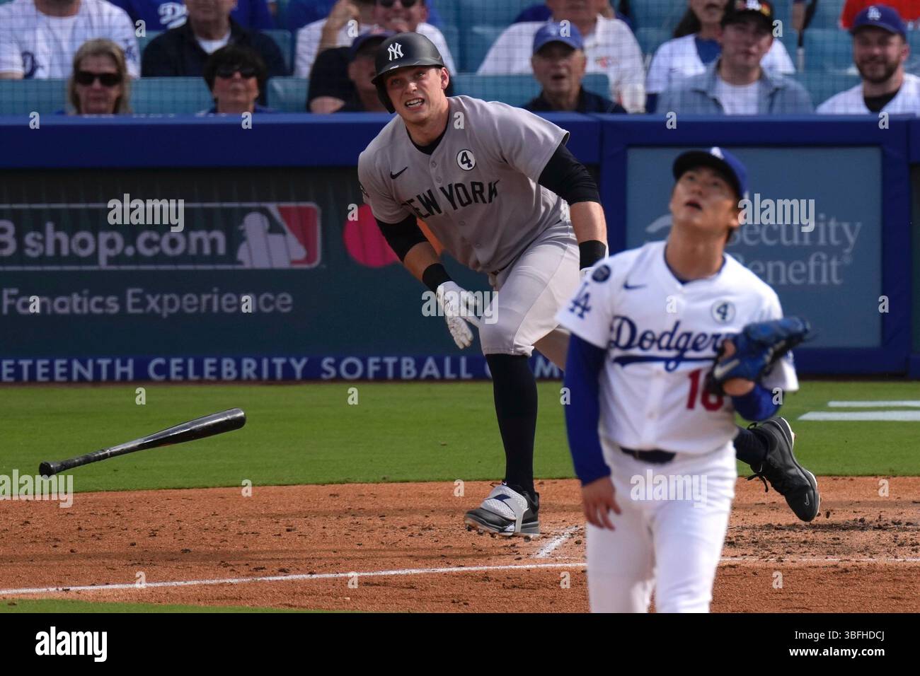 New York Yankees' Ben Rice, left, hits a two-run home run as Los ...