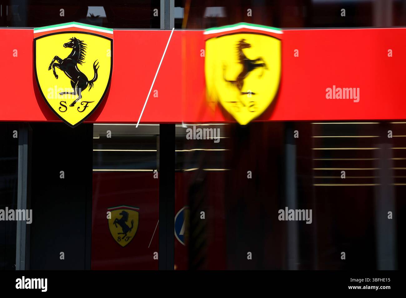 Barcelona, Spain. 01st June, 2025. Ferrari prancing horse reflection ...