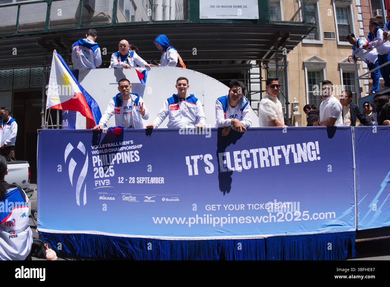 A parade float promoting the 2025 Volleyball Men's World Championship ...