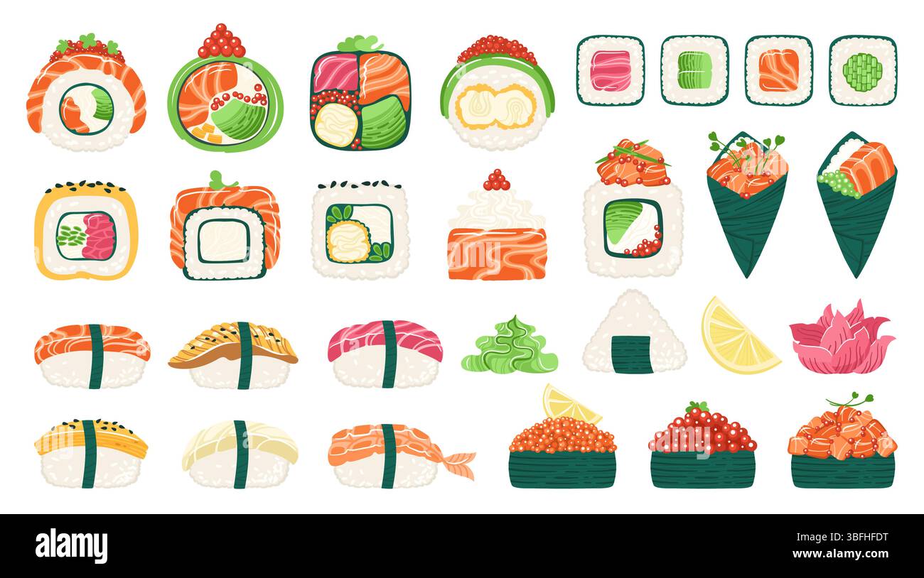 Sushi cartoon set. Traditional Asian Japanese food big set. Sushi ...