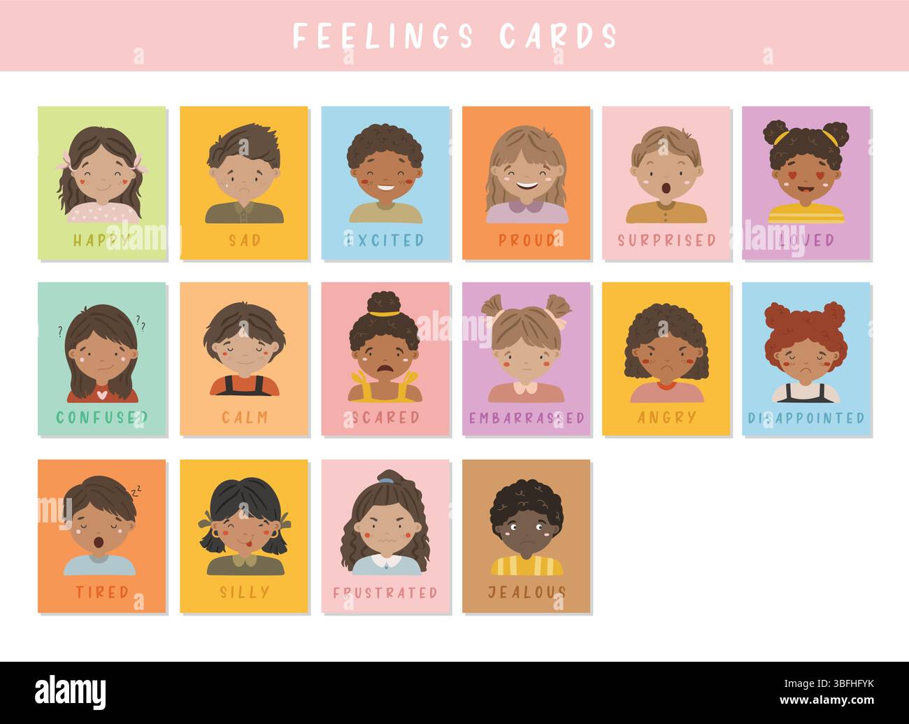 Feelings cards illustration, kids face emotions, educational material ...