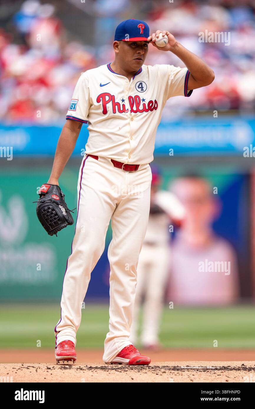 Philadelphia Phillies starting pitcher Ranger Suarez looks on during a ...