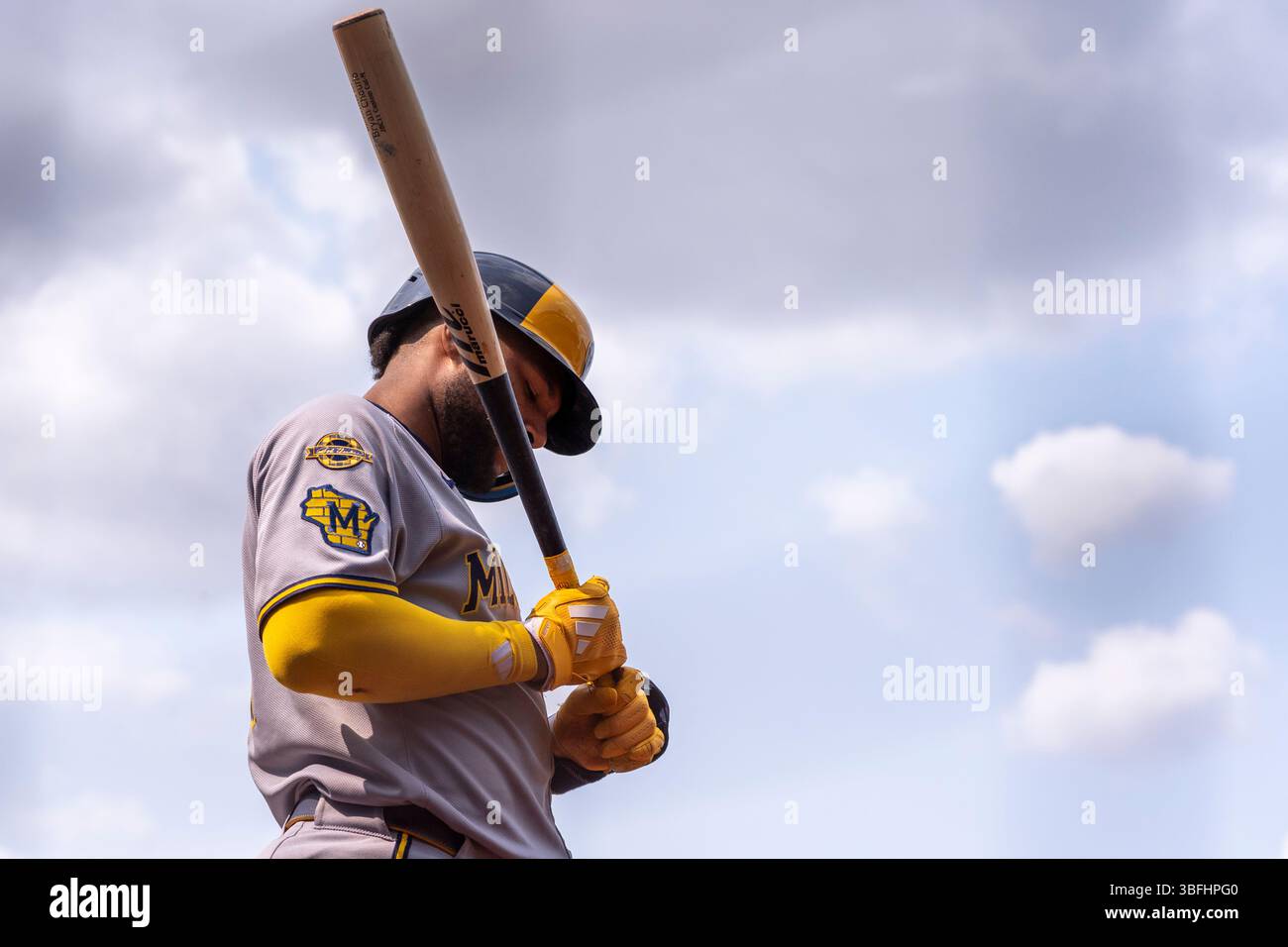 Milwaukee Brewers' Jackson Chourio looks on during a baseball game ...