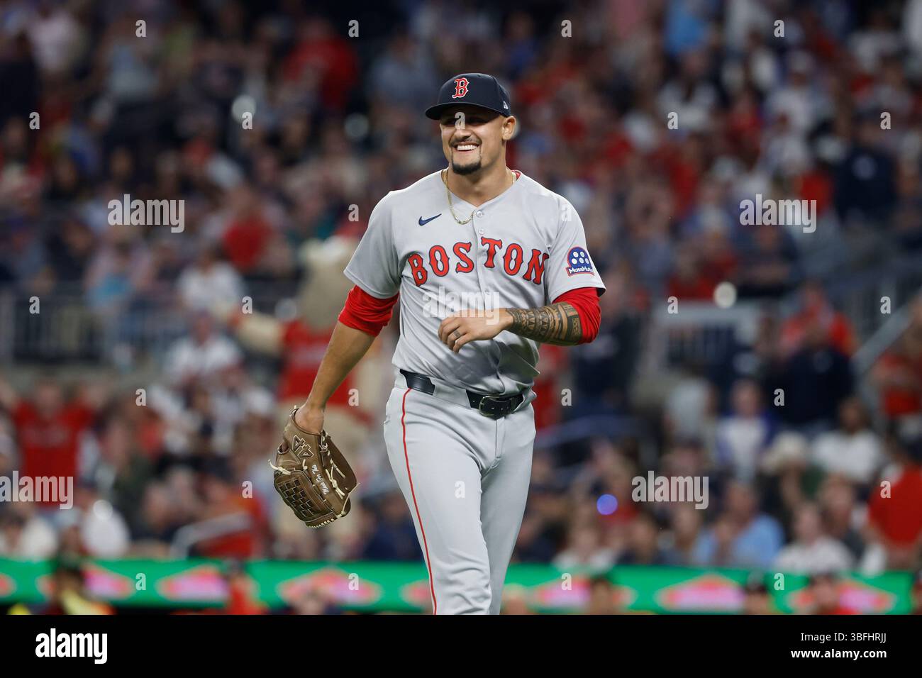 Boston Red Sox pitcher Brennan Bernardino reacts after a replay ...