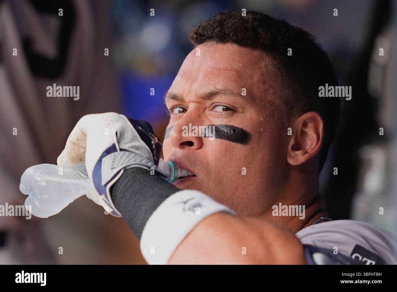 New York Yankees' Aaron Judge takes a drink prior to a baseball game ...