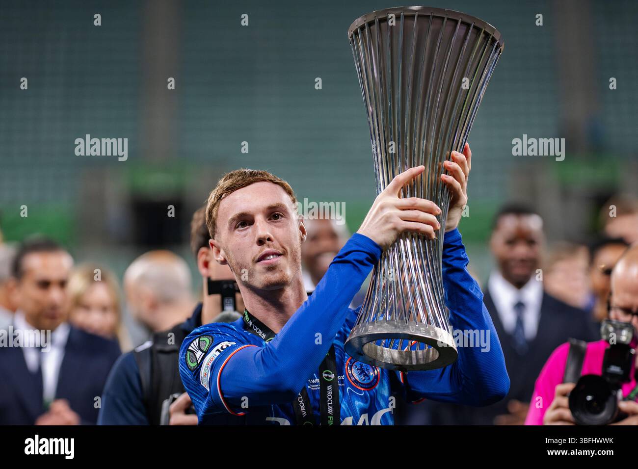 Wroclaw, Poland. 28th May, 2025. Cole Palmer of Chelsea celebrates a ...