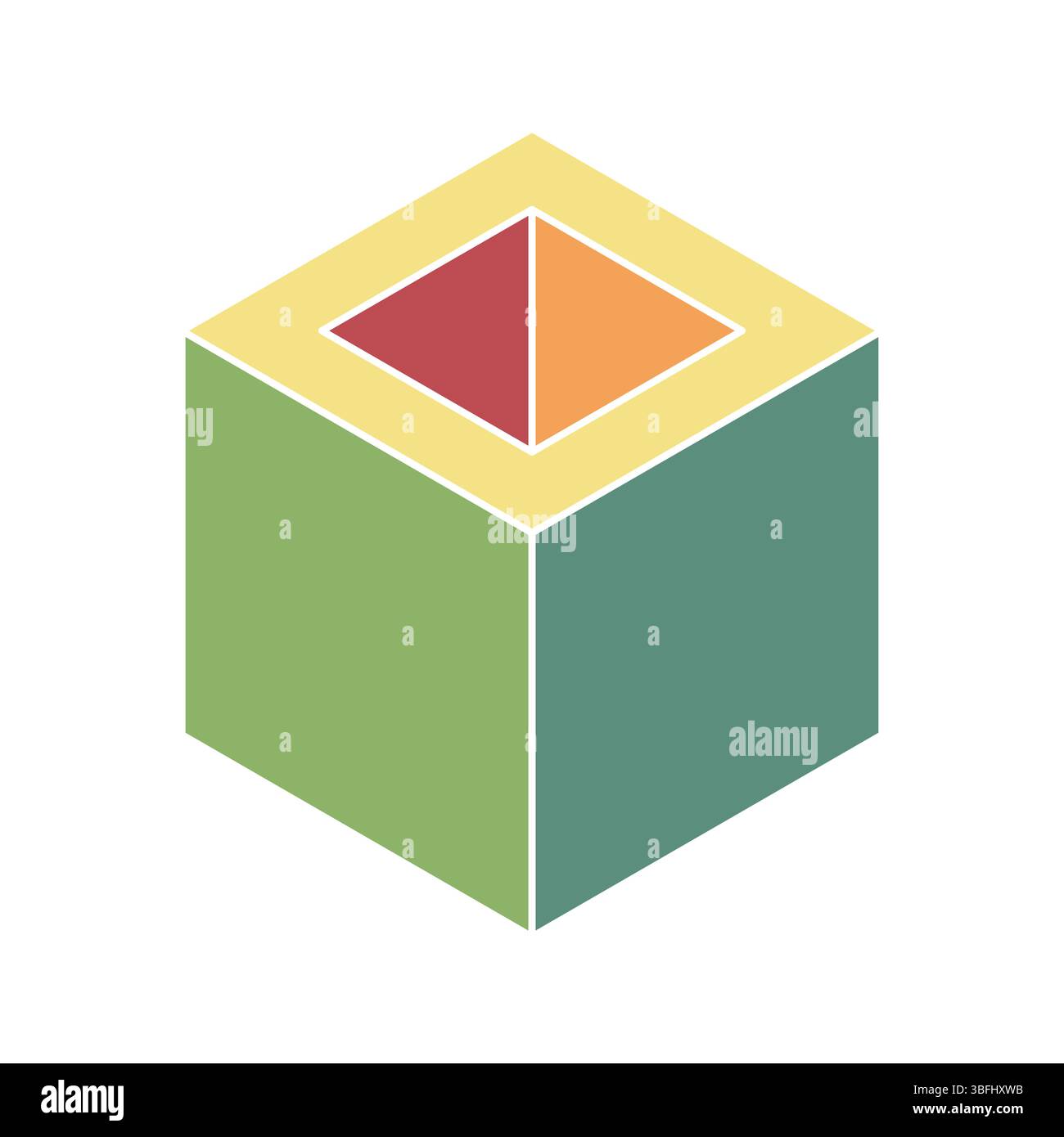 Abstract isometric cube with vibrant colorblocked interior. Represents ...