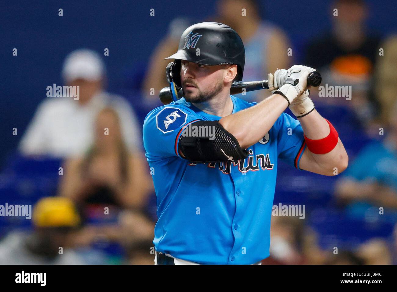 MIAMI, FL - JUNE 01: Liam Hicks (34) of the Miami Marlins at bat during ...