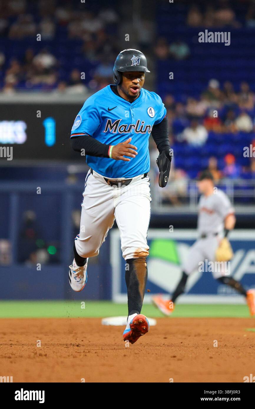 MIAMI, FL - JUNE 01: Xavier Edwards (9) of the Miami Marlins runs to ...
