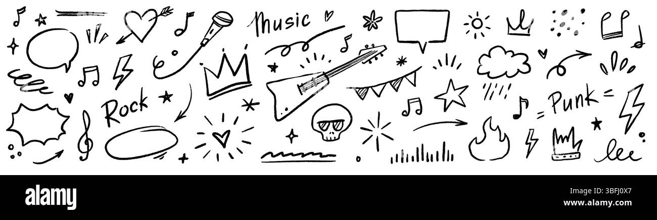 Music star doodle icon punk rock set. Hand drawn music sketch guitar ...