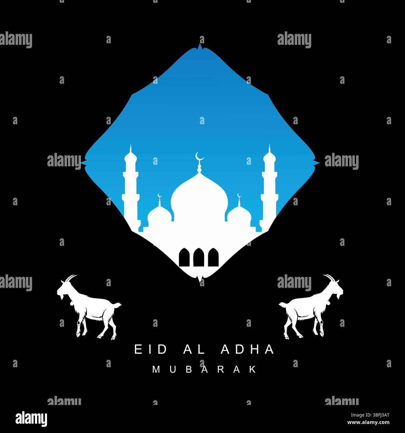 Eid al Adha Mubarak Vector Design with Mosque and Two Goats on Black ...