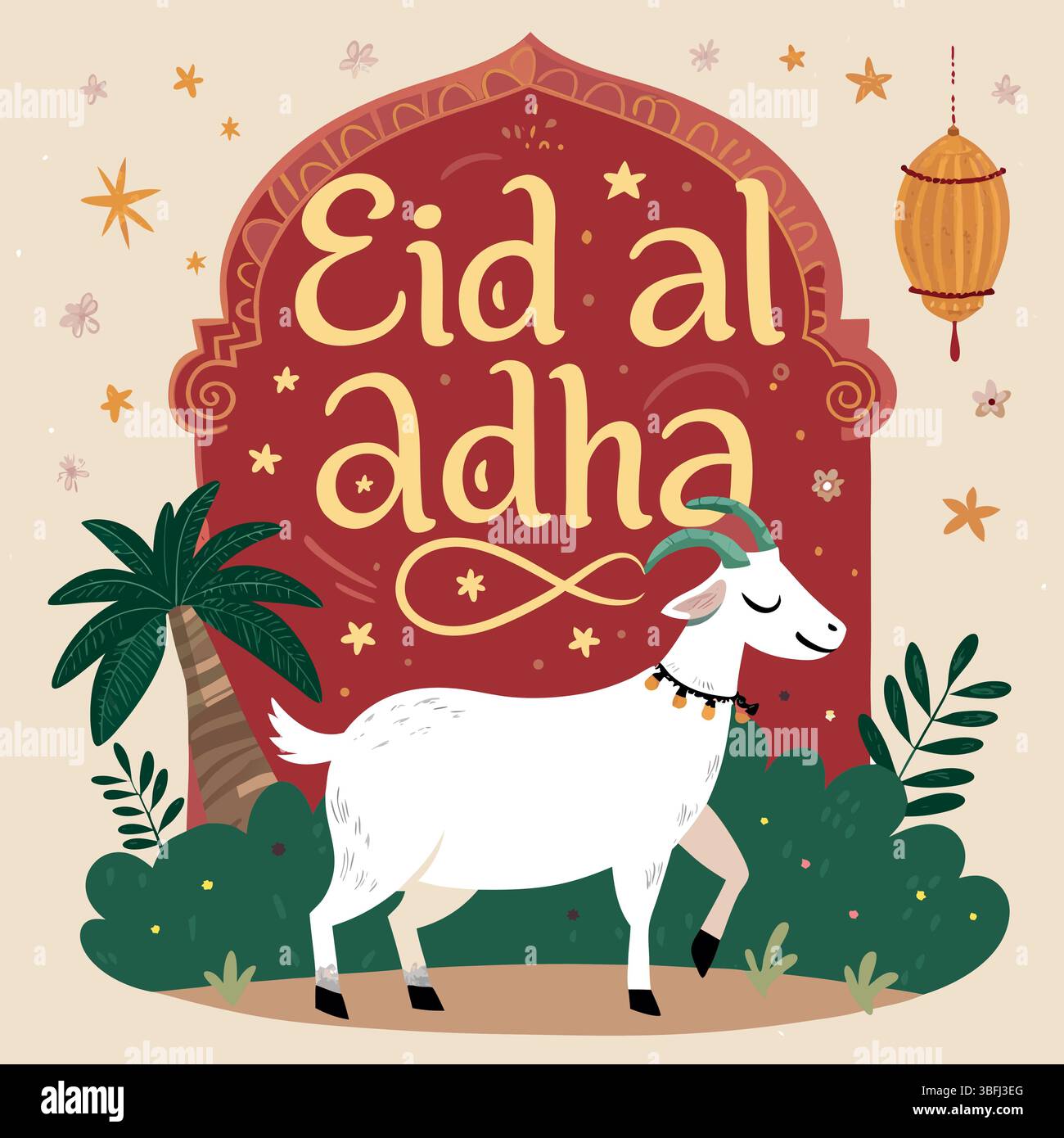 Eid al-Adha Mubarak Greeting Card Vector | White Goat and Lantern ...