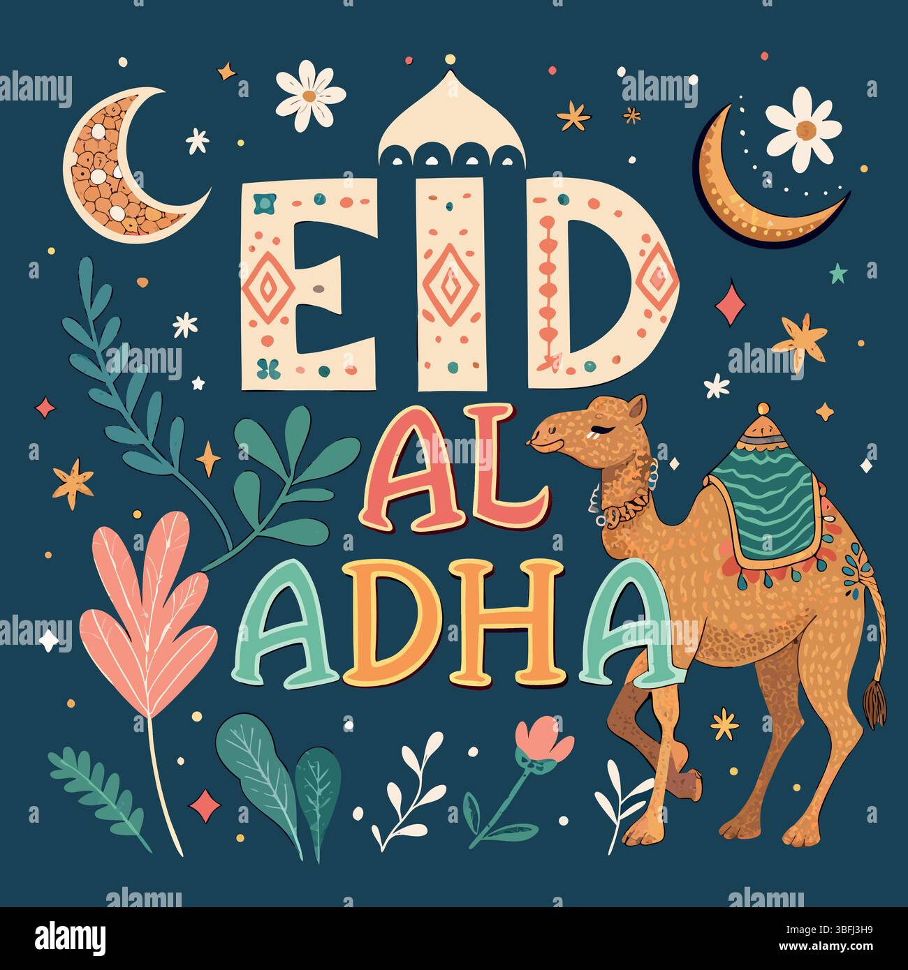 Eid al-Adha Mubarak Greeting Card Vector | Flowers, Lantern, and Camel ...
