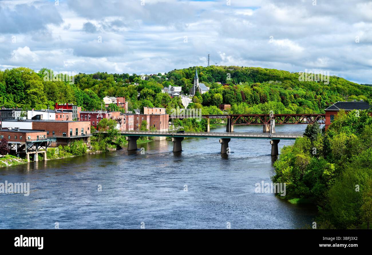 Aerial view of Calumet Bridge and Maine Central Railroad Bridge across ...