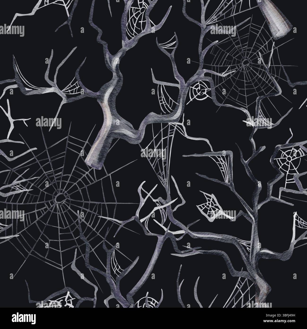 Seamless pattern with a scary forest. Curved branches in the web. Big ...