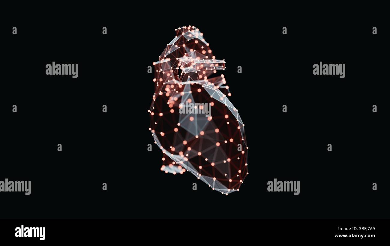 3d illustration of vibrant, low-poly heart against black background ...