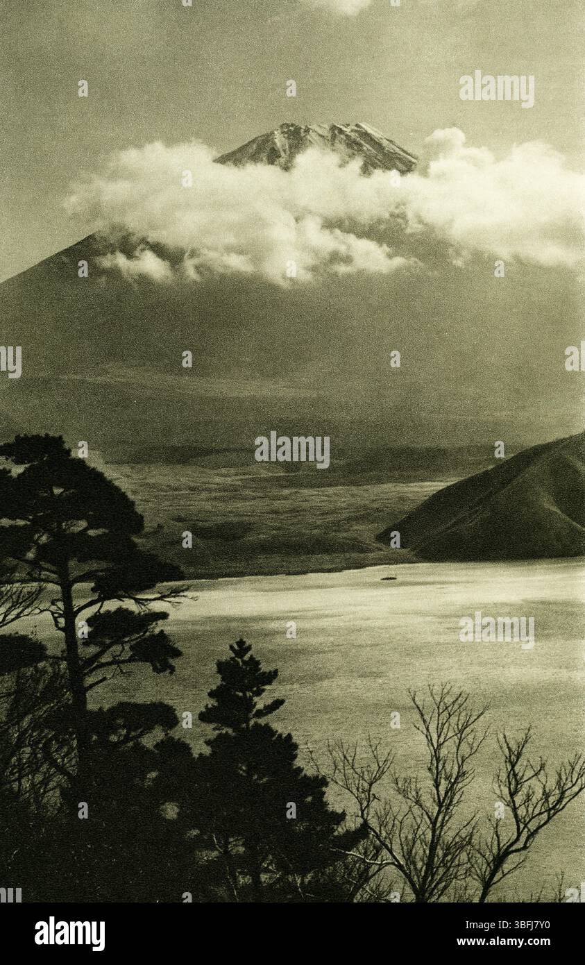 1920s Japan Mount Fuji with Cloud Belt Above Serene Lake Landscape ...