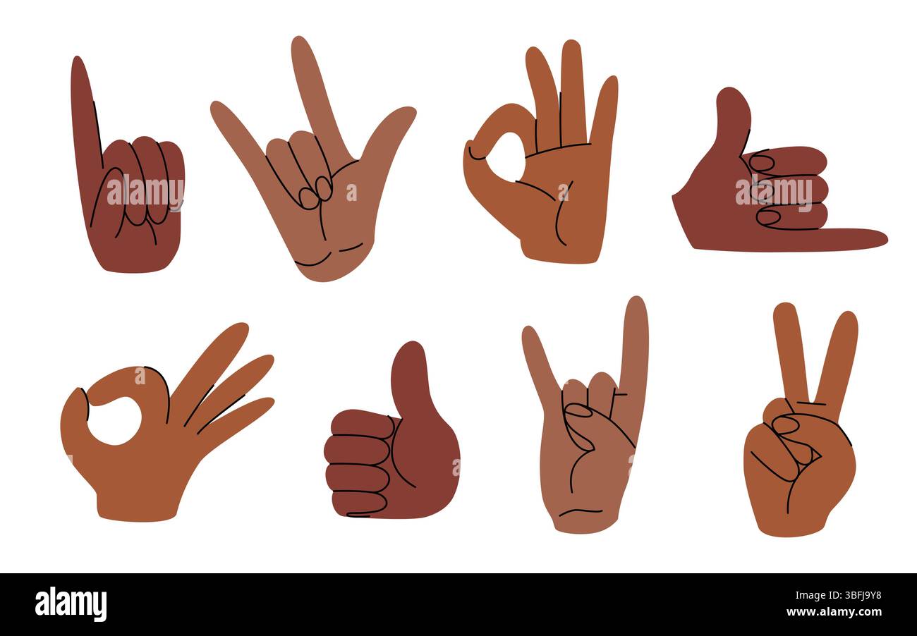Hand gestures doodle set - various positions palms showing thumbs up ...