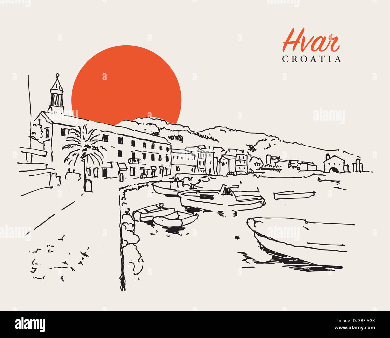 Vector hand drawn sketch illustration of Hvar, a island resort town in ...